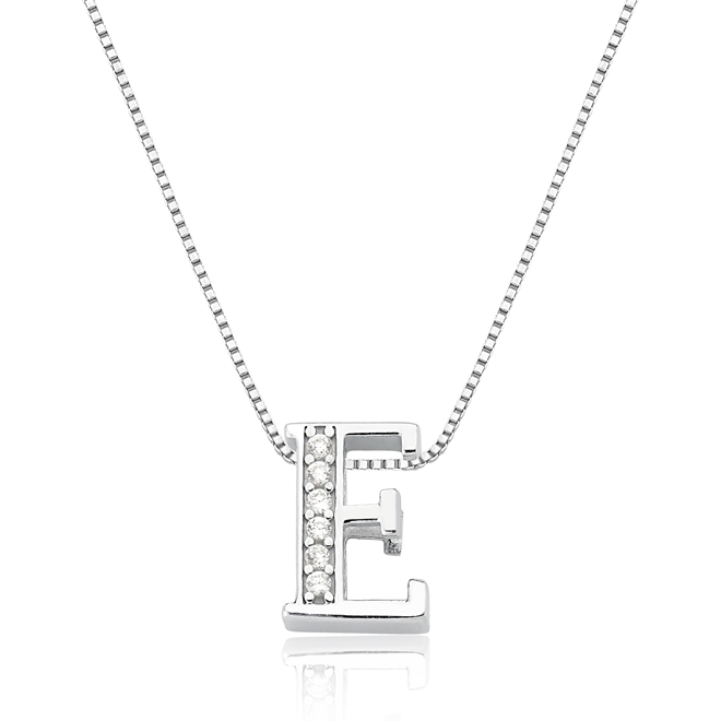 Pingente de Prata 925 Charms Letra E com Zircônias. PPPI00447