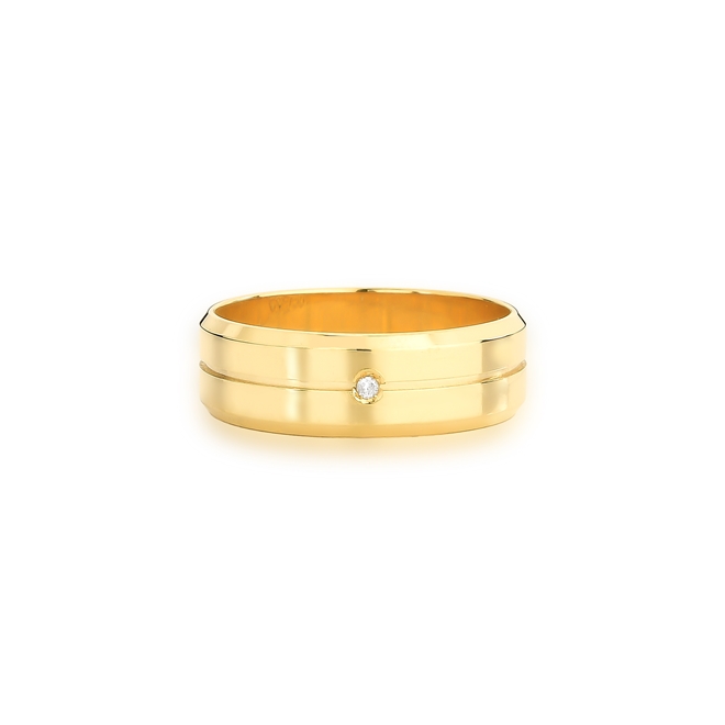 Aliança reta chanfrada friso e Diamante 6mm ouro 18k Coliseu