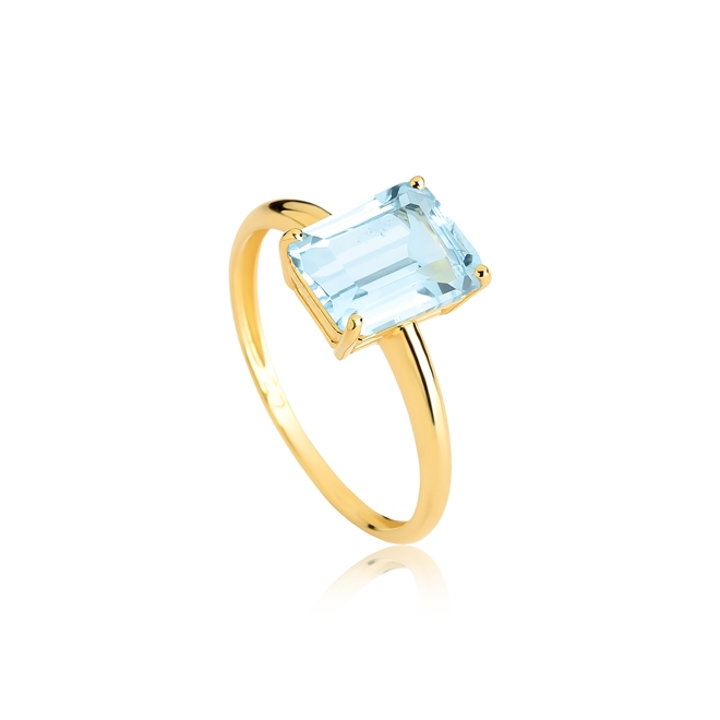Anel Topázio Sky gema octogonal aro ouro 18k Coliseu